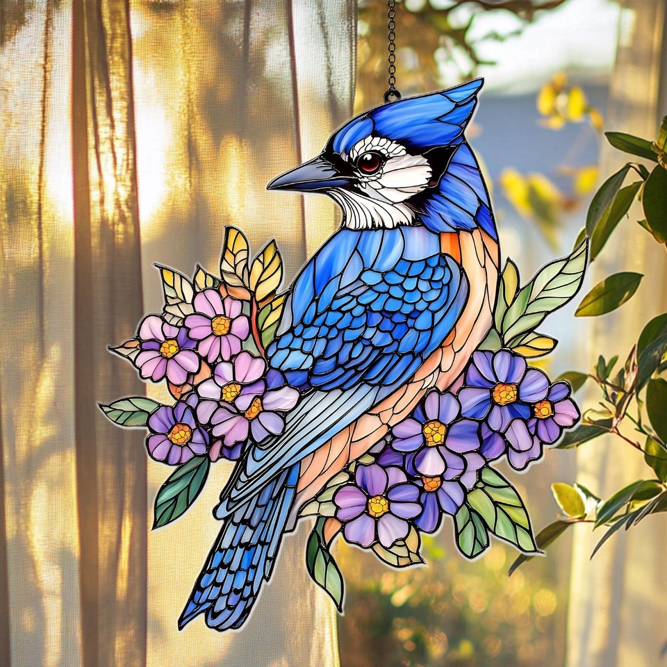 Acrylic Blue Bird Window Hanging, Faux Stained Glass Bird Suncatcher | eBay