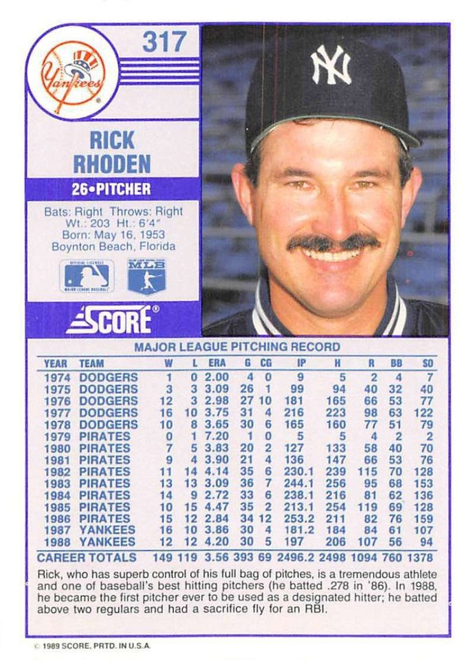 1989 Score #317 Rick Rhoden NM-MT Yankees | eBay