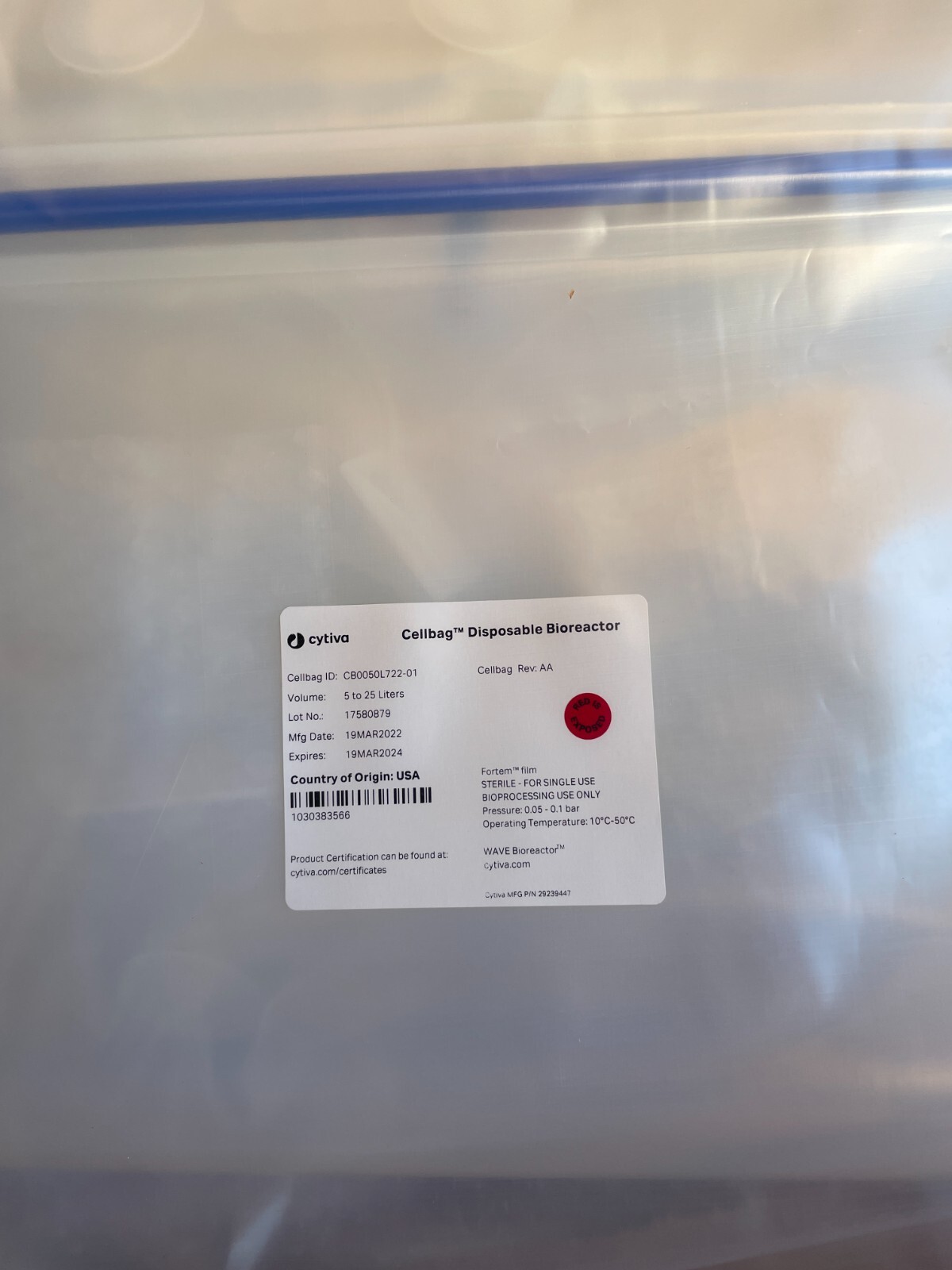 One GE Cytiva CellBag Disposable Bioreactor 5 to 25 Liters CB0050L722 ...