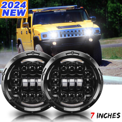 For Hummer H2 H3T 05 -10 Pair 7'' Inch Round LED Headlights Combo Hi/Lo ...