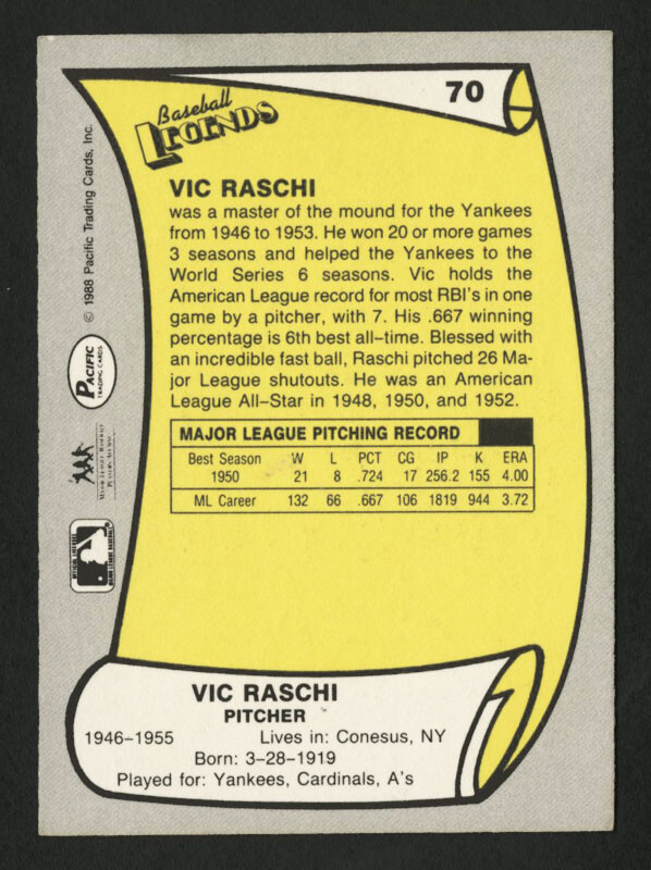 1988 PACIFIC #70 VIC RASCHI AUTOGRAPHED SIGNED KEY CARD IN SET NEW YORK ...