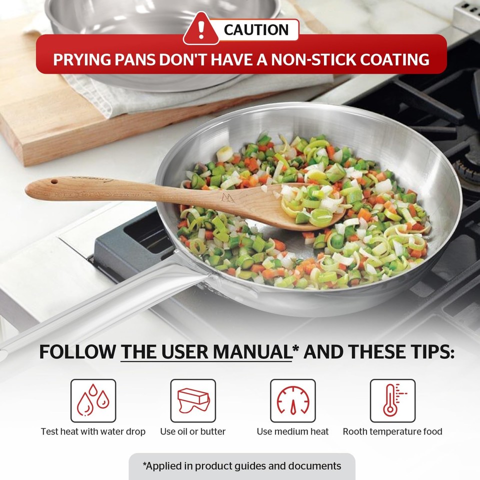 18/10 9 Inch Stainless Steel Frying Pan, Whole-Clad No Coatings Skillet ...
