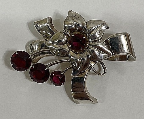 Vintage Sterling Silver .925 4 Ruby Red Stones Floral Ribbon 2" x 2 3/4 ...
