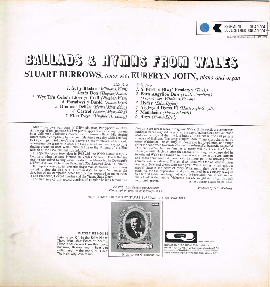 Stuart Burrows-Ballads & Hymns From Wales. Welsh Vinyl LP (SQUAD 104 ...