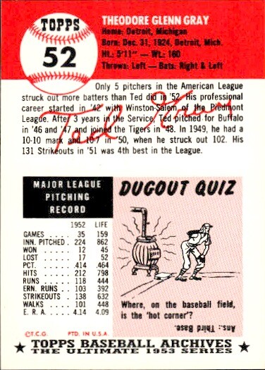 1991 Topps Archives 1953 #52 Ted Gray Detroit Tigers Baseball | eBay
