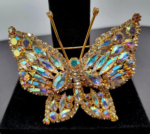 Vintage Large Butterfly Brooch with Multicolor AB Rhinestones Stunning ...