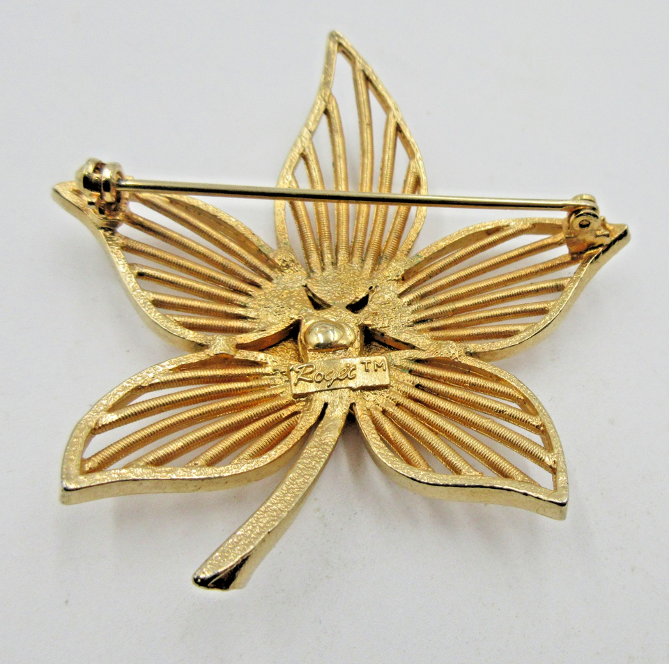 Vtg SIGNED ROGET TM big large Leaf Pin open work Brooch gold tone metal ...