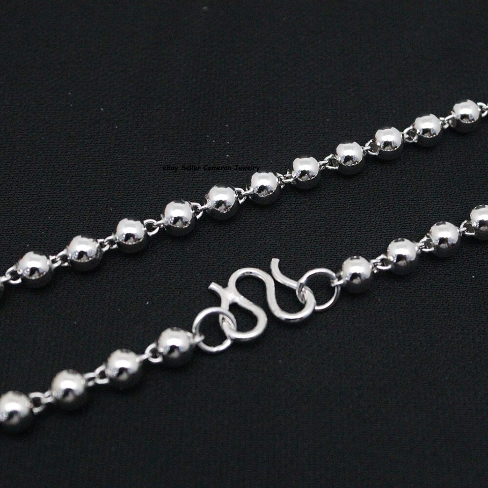 Pure S925 Sterling Silver Chain Men 6mm Smooth Beads Link Necklace 21 ...