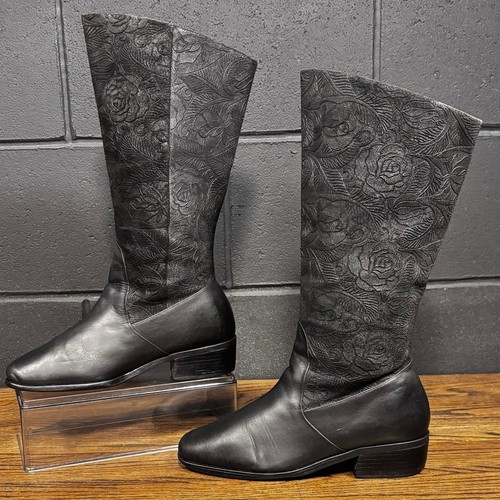 Markon black floral embossed leather Square Toe mid calf pull on boots ...