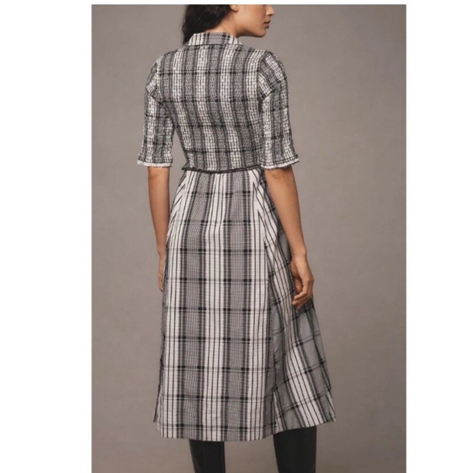 Anthropologie Plaid Black White Smocked Midi Shirt Dress Short Sleeve ...