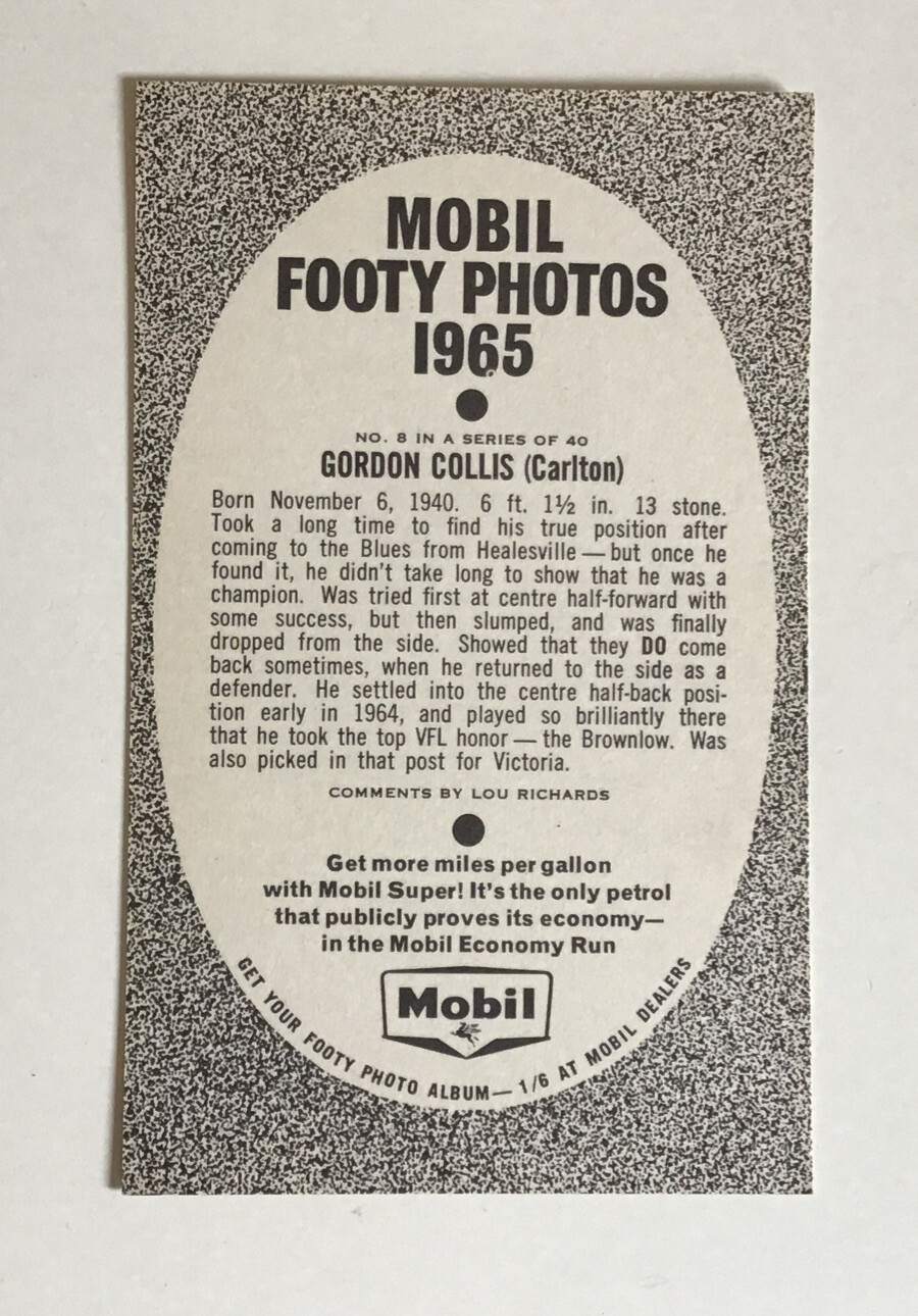 1965 Mobil VFL Footy Photos #8 GORDON COLLIS Carlton Blues. | eBay