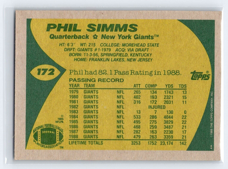 PHIL SIMMS 1989 Topps Football Card #172 New York Giants | eBay