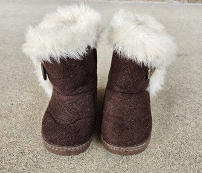 Kids Girls China Buttons City Brown Boots, Pull On Faux Fur Lining Size ...