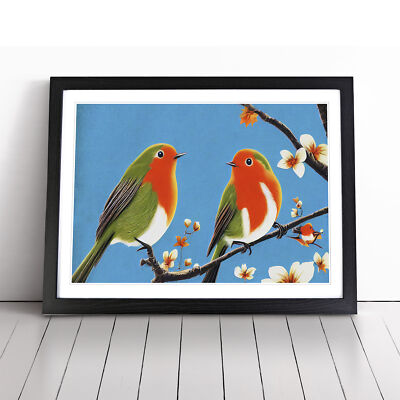 Two Robin Birds Framed Canvas Wall Art Print Poster Picture, Home Decor ...