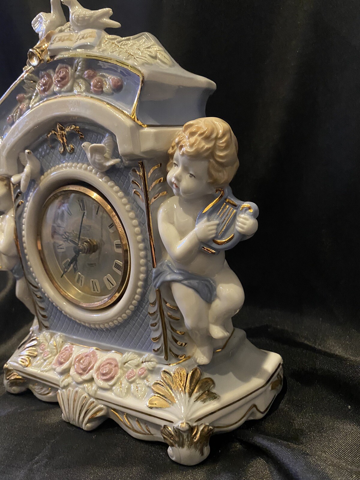 VTG Landex Royal Craft Porcelain Mantel Clock Cherubs Putti Music Doves ...