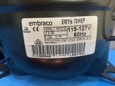 Embraco Compressor EMYe70HEP R134a 115-127V/60 Low Back Pressure 1/5 HP ...