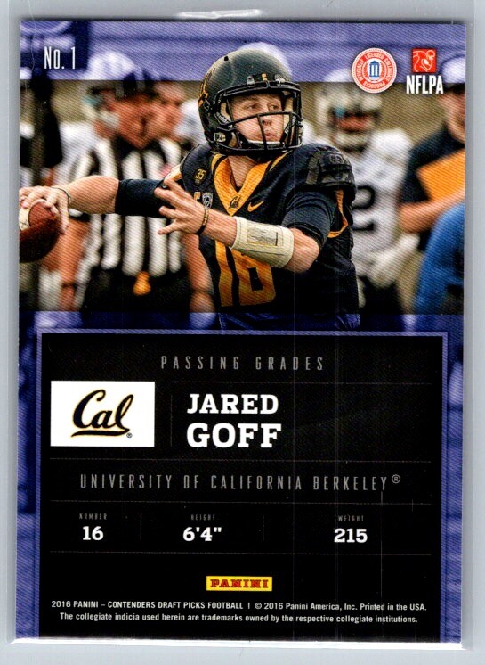 2016 Panini Contenders Draft Picks #1 Jared Goff Passing Grades Rookie ...