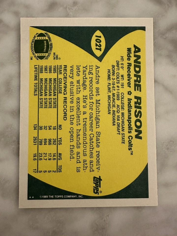 1989 Topps Andre Rison Rookie Football Card Near Mint Or Better ...