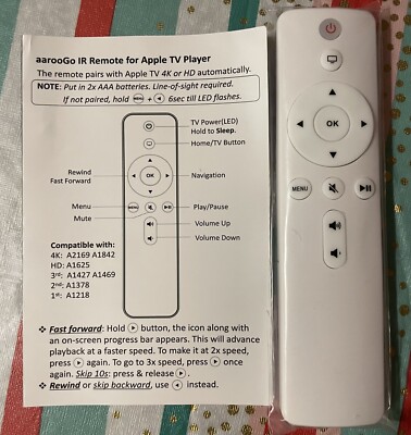aaroo remote for AppleTV * Tested * Works With: Gens 1st, 2nd, 3rd, HD ...