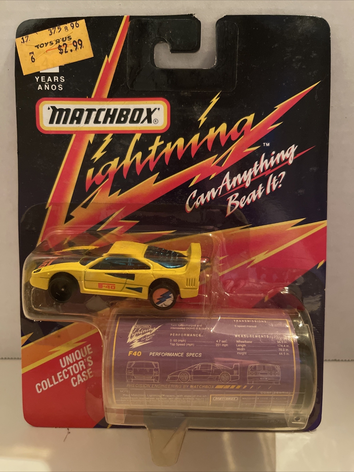 1991 Vintage MATCHBOX LIGHTNING FERRARI F40 In Yellow With Tube, NIB | eBay