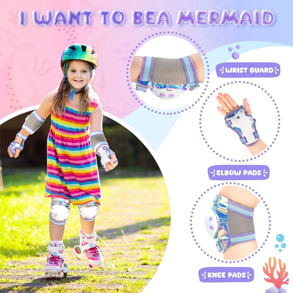 NEMONE Mermaid Knee Pads for Kids, Girls Boys Knee Elbow Pads Wrist ...