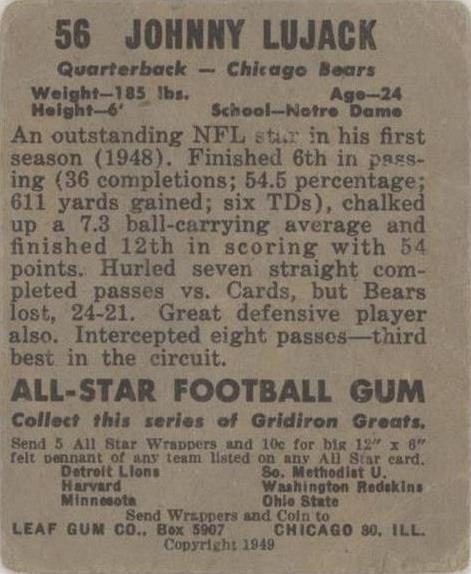 1949 Leaf Johnny Lujack #56 for sale | eBay