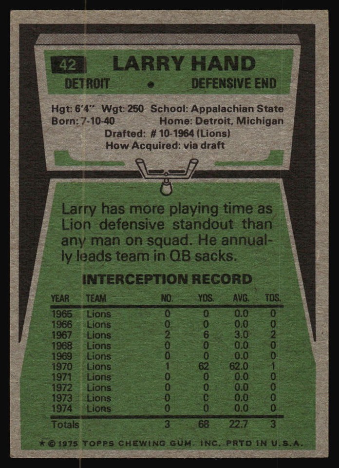 1975 Topps Larry Hand #42 Detroit Lions L7 | eBay