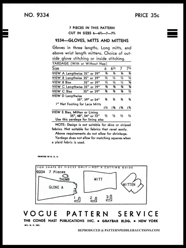VOGUE 9334 Pattern GLOVES Accessory 40's UnPrinted | eBay