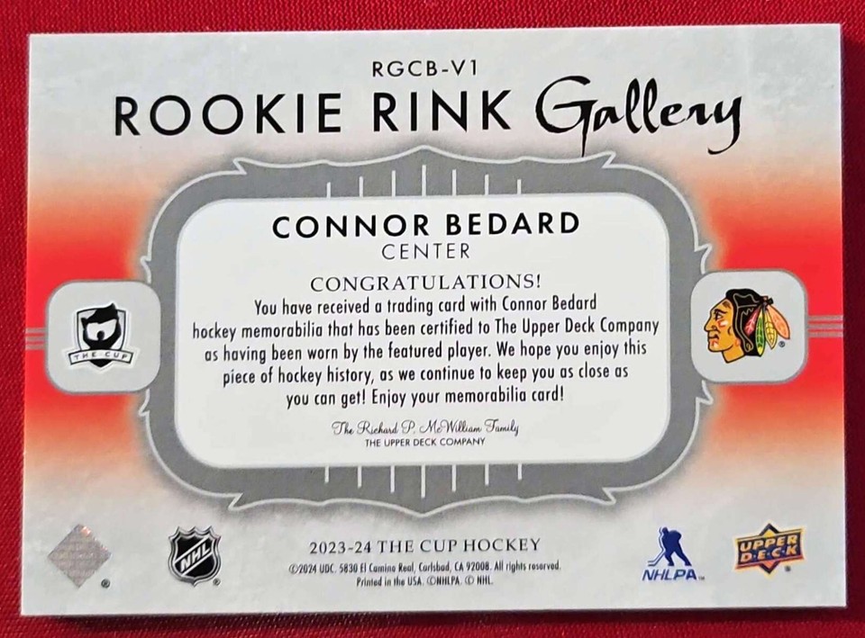 Connor BEDARD THE CUP Rookie Rink Gallery patch 3 colors 11/35 RGCB-V1 ...