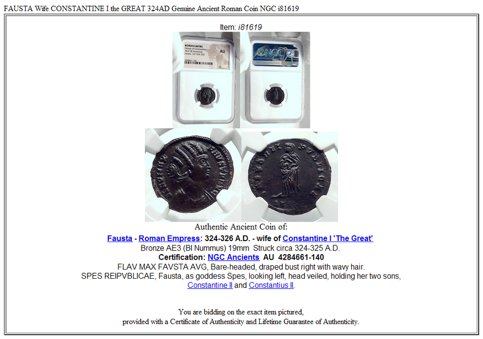 FAUSTA Wife CONSTANTINE I the GREAT 324AD Genuine Ancient Roman Coin ...