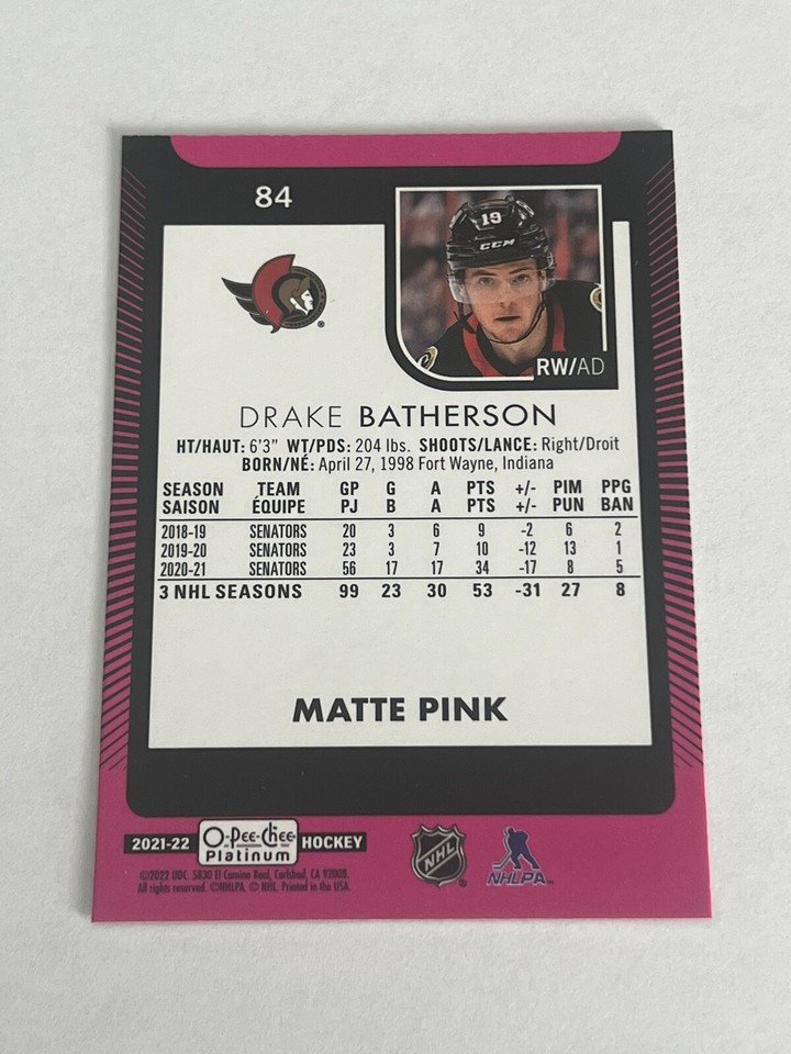 2021-22 O-Pee-Chee OPC Platinum Drake Batherson Pink Matte Parallel SP ...