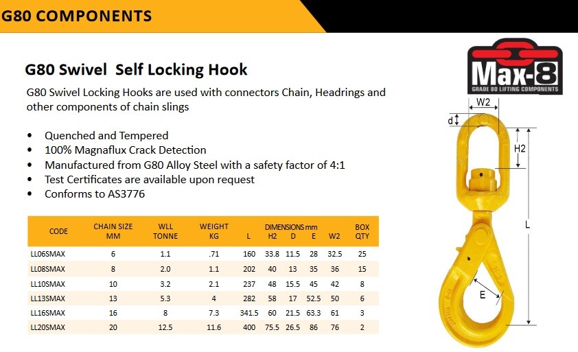 Excavator Swivel Hook Assembly - 5.3T - 13mm G80, Lifting, Rigging ...
