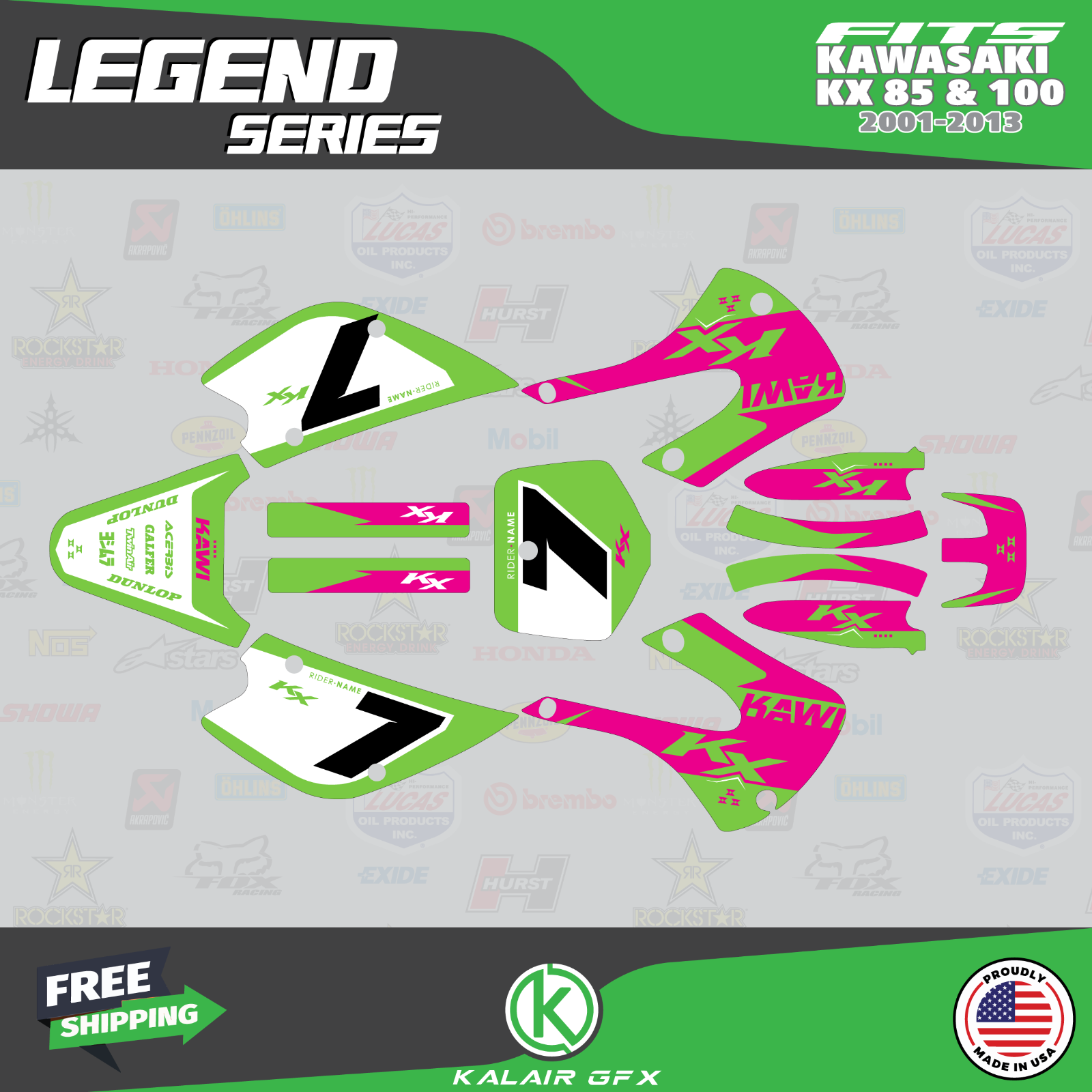 Graphics Kit for Kawasaki KX85 KX100 (2001-2013) KX 85 Legend - Green ...