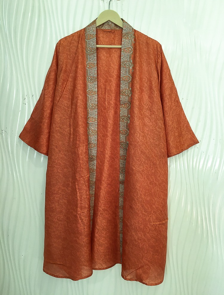 Pure Silk Midi Kimono Robe Knee Length Gown Silk Kimono Robe Orange ...