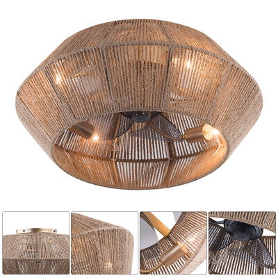 Boho Ceiling Fan Rattan Caged Flush Mount Fan Light +Remote Control ...