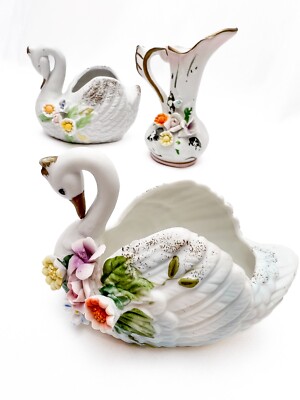 Vintage Mini Swans and Vase Planter Pottery Figurines - SET OF 3 - FREE ...