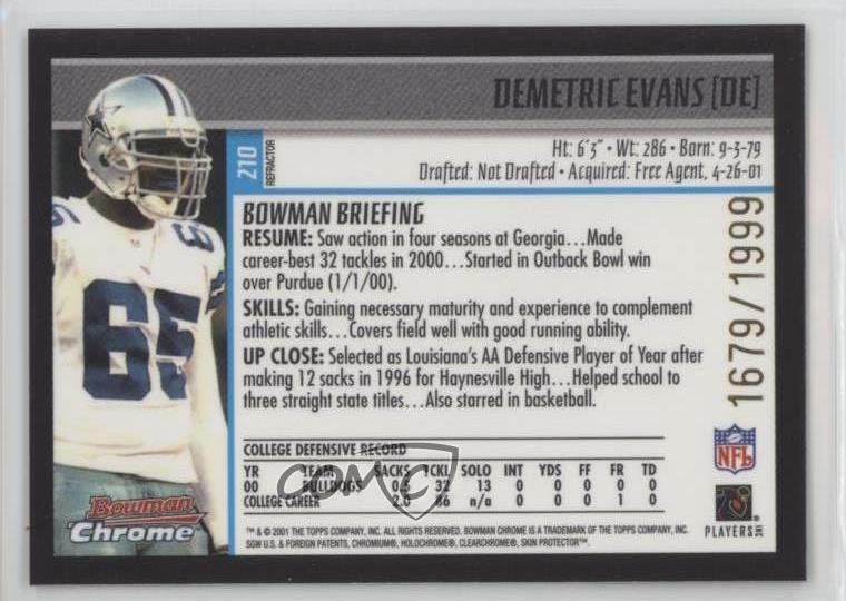 2001 Bowman Chrome Rookie Refractor 1679/1999 Demetric Evans #210 ...