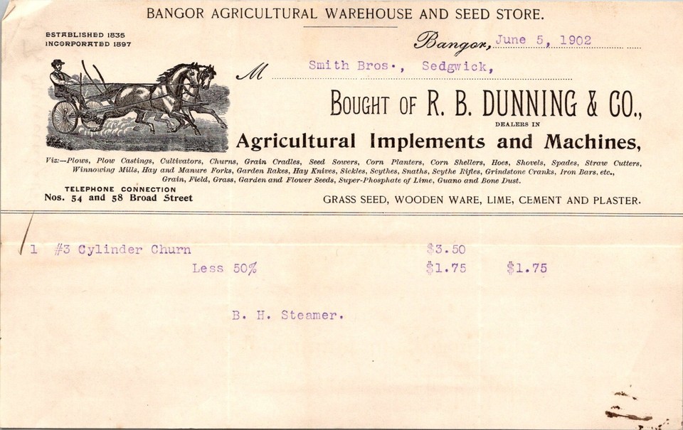 1902 R B DUNNING CO AGRICULTURAL IMPLEMENTS MACHINES SEEDS LIME BANGOR ...