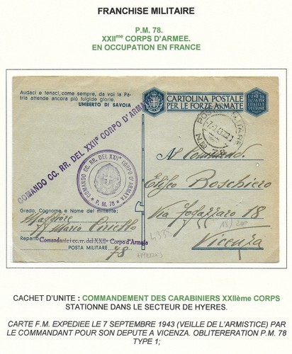 Italy covers 1943 Fieldpost PC Commando Carabiniers XXII Corps to ...