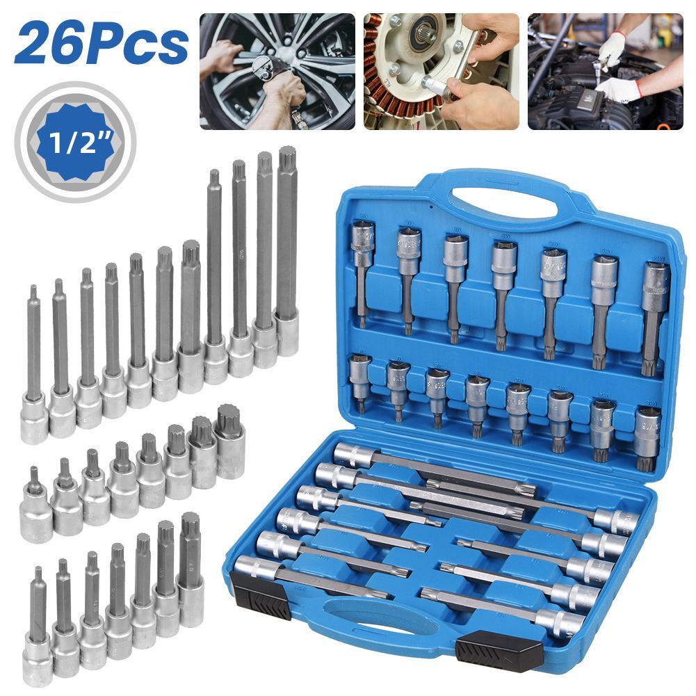 26 tlg. Innenvielzahn Steckschlüssel Satz Nuss Werkzeug Bit Nüsse lang ...