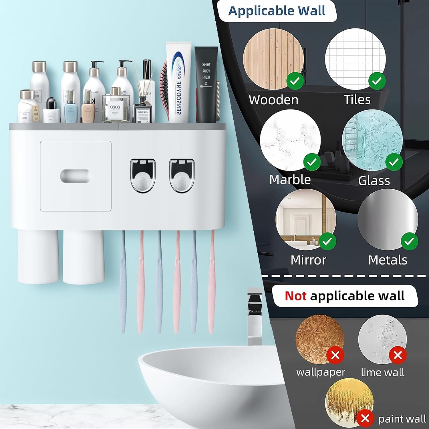 Double Toothpaste Dispensers Wall Mount Toothbrush Holder, with 6 Brush ...