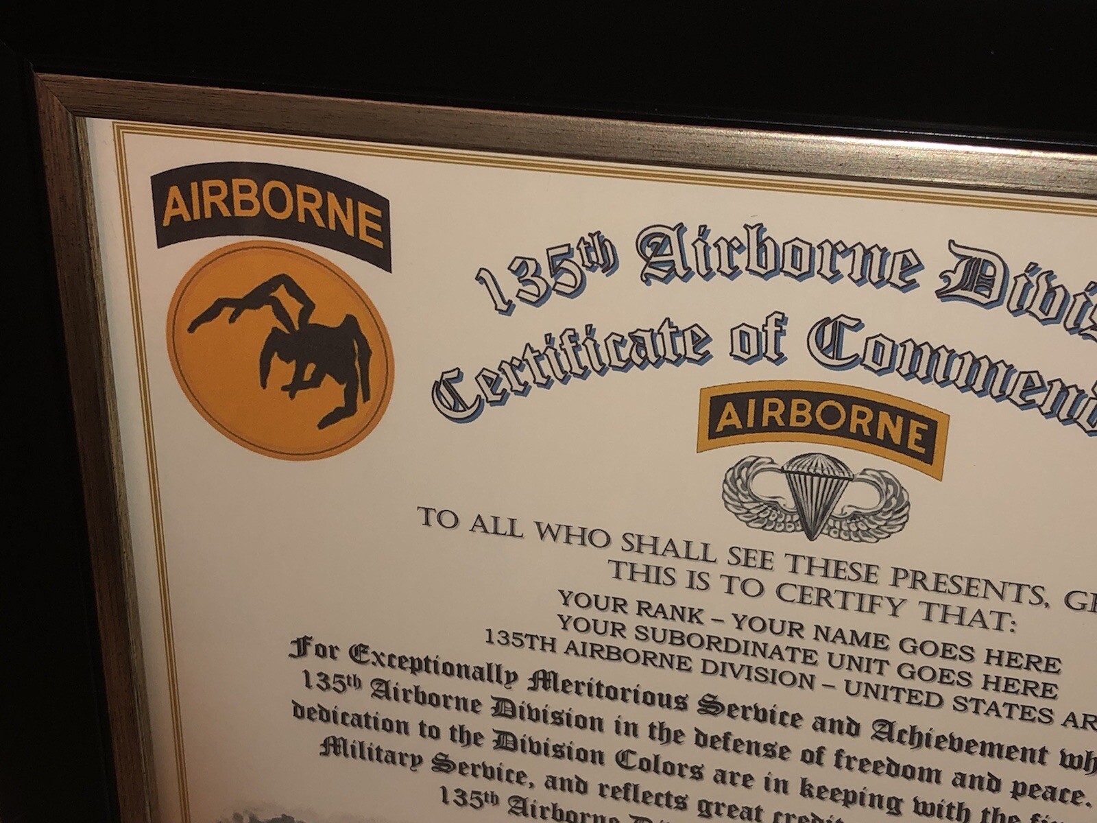 135TH AIRBORNE - PHANTOM DIVISION / COMMEMORATIVE - CERTIFICATE OF ...