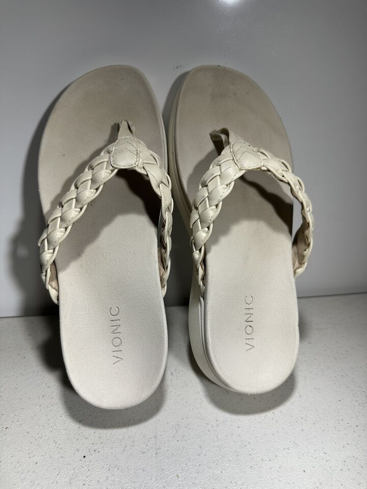 Vionic Sunrise Kenji Cream Braided Toe Post Platform Thong Flip Flop ...