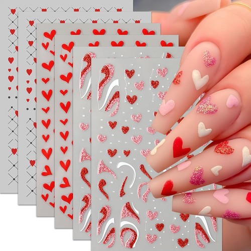 6 Sheets Heart Nail Stickers Glitter Shiny Love Decals 3D Colorful | eBay