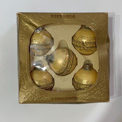 Vtg 1983 Gold Christmas Tree Balls Rouch Victoria Ornaments Decor w ...