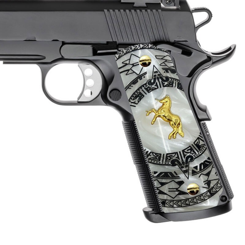 1911 Grips COLT Springfield Pearl Aztec Motif Gold Horse Medallion W ...