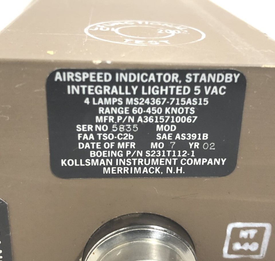 Boeing 757, 767 Aircraft Standby Airspeed Indicator A3615710067 | eBay