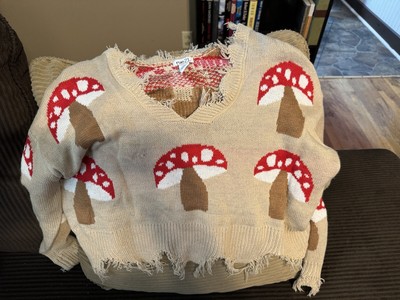 Cute mushroom cropped frayed sweater brown CottageCore boho chic Rue 21 ...