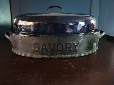 Vintage Savory Roasting Pan Ble Enamel Roaster W/Lid Double Wall 16" # ...