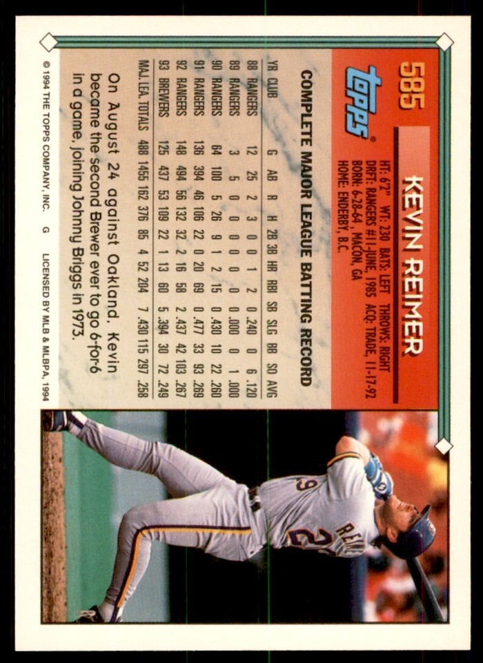 1994 Topps Gold Kevin Reimer Baseball Cards #585 | eBay